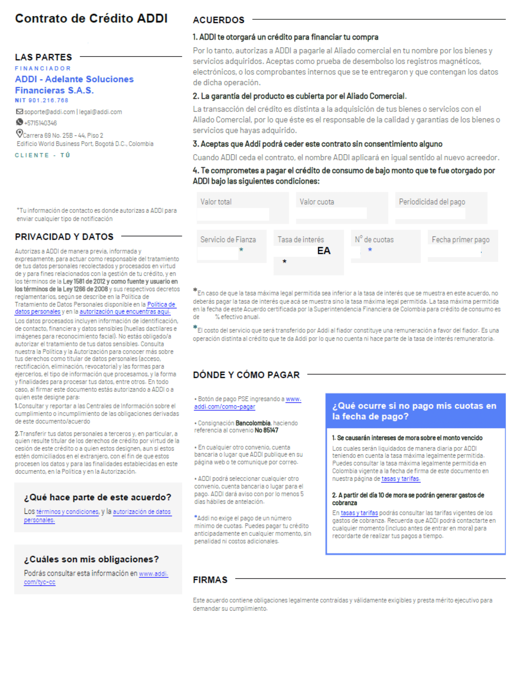 Contrato de crédito Addi